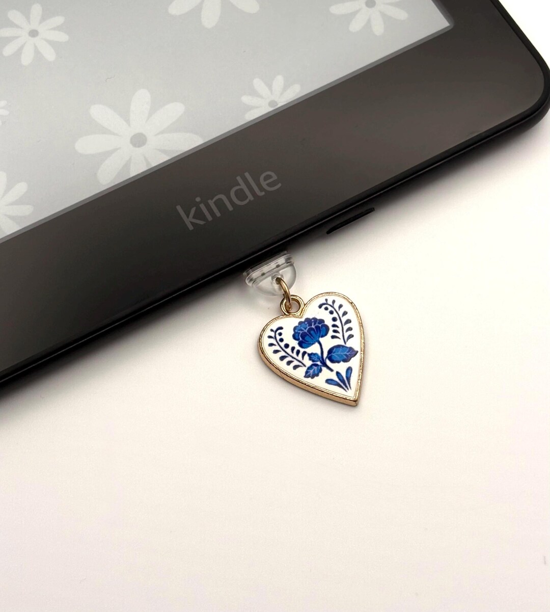 Blue Flower Heart Ereader Charm: USB-C Micro USB Kindle Dust Plug - Etsy