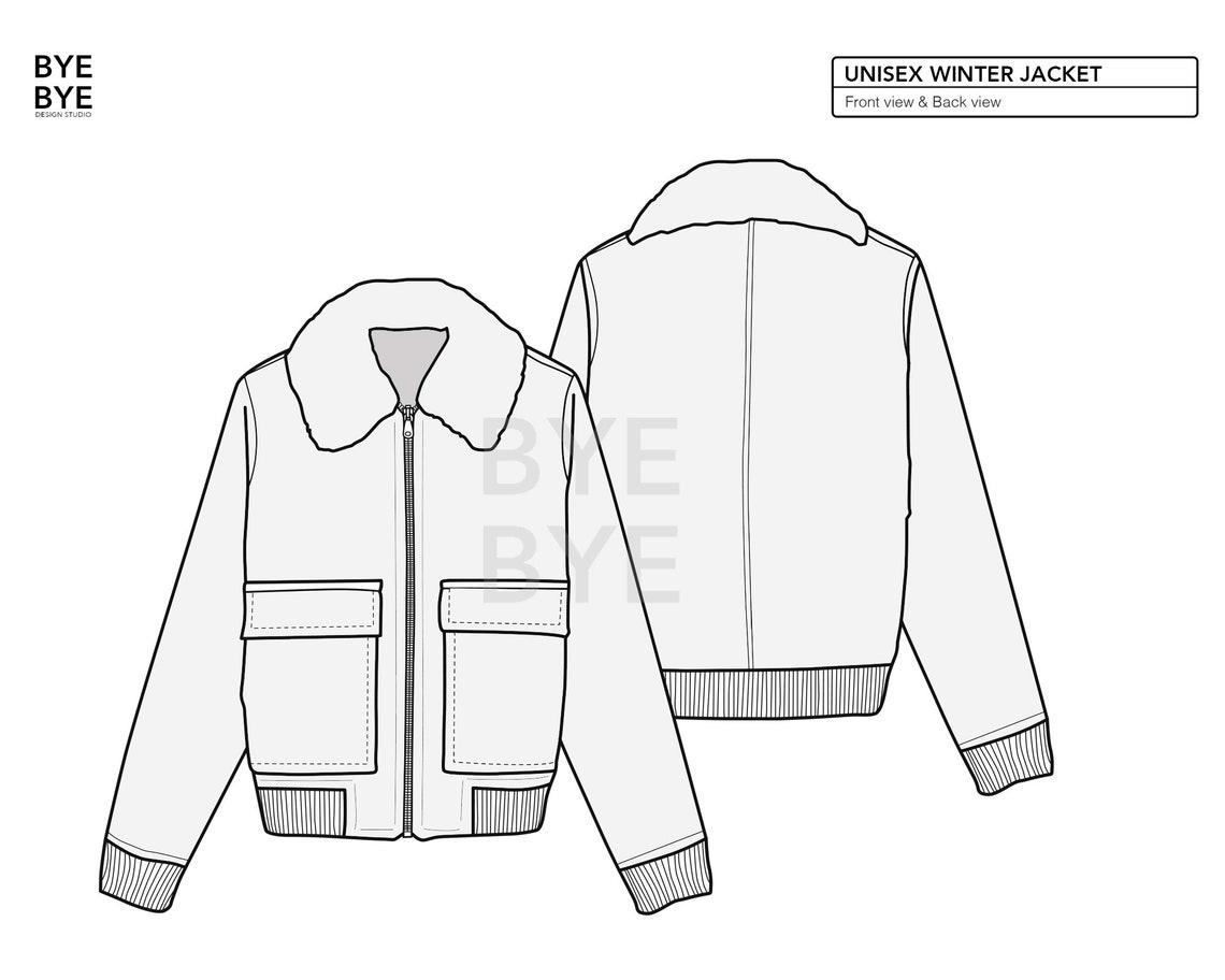 Vector Fashion Flat Sketch for Unisex WINTER JACKET Technical CAD ...