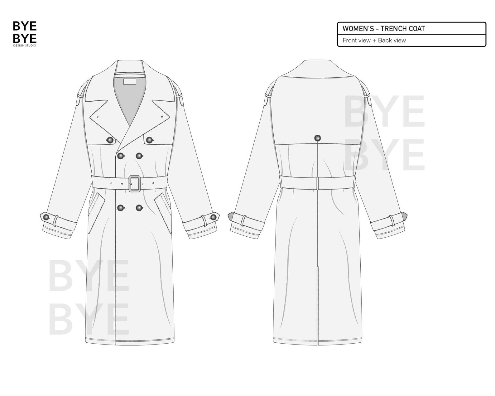 TRENCH COAT- Fashion Design Flat Sketches to Download - Technical CAD ...