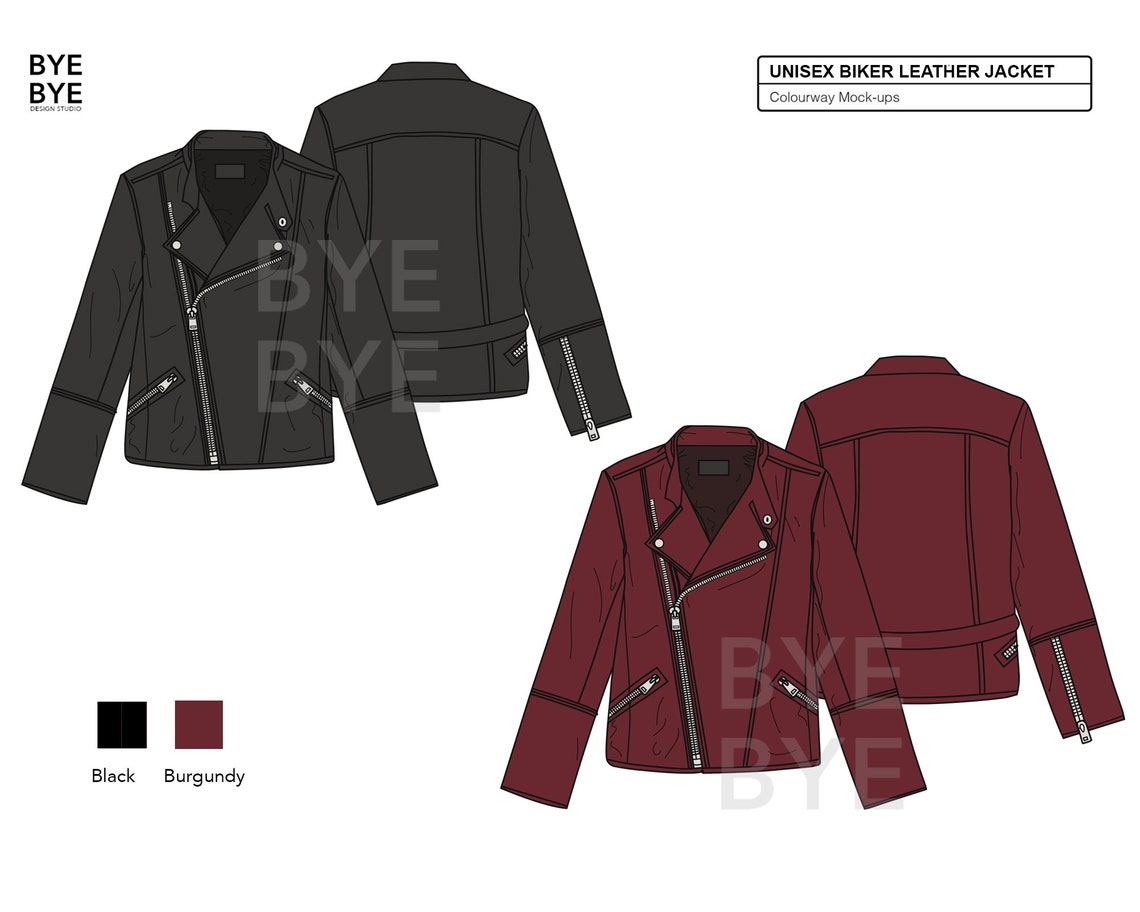 Vector Fashion Flat Sketch for Unisex Biker LEATHER JACKET - Technical ...