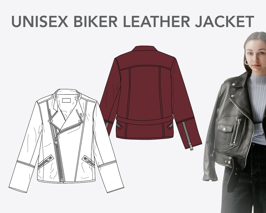 Vector Fashion Flat Sketch for Unisex Biker LEATHER JACKET - Technical ...