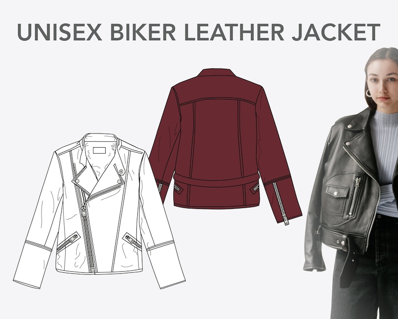 Vector Fashion Flat Sketch for Unisex Biker LEATHER JACKET - Technical ...