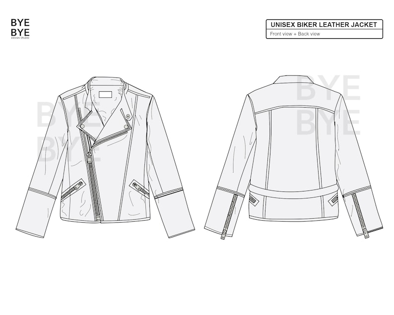Vector Fashion Flat Sketch for Unisex Biker LEATHER JACKET - Technical ...