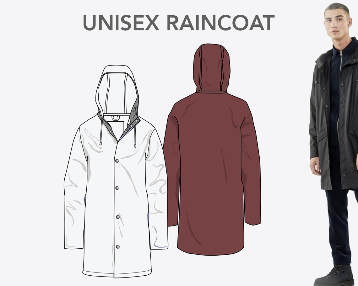 Vector Fashion Flat Sketch for UNISEX RAINCOAT - Technical CAD Drawing ...