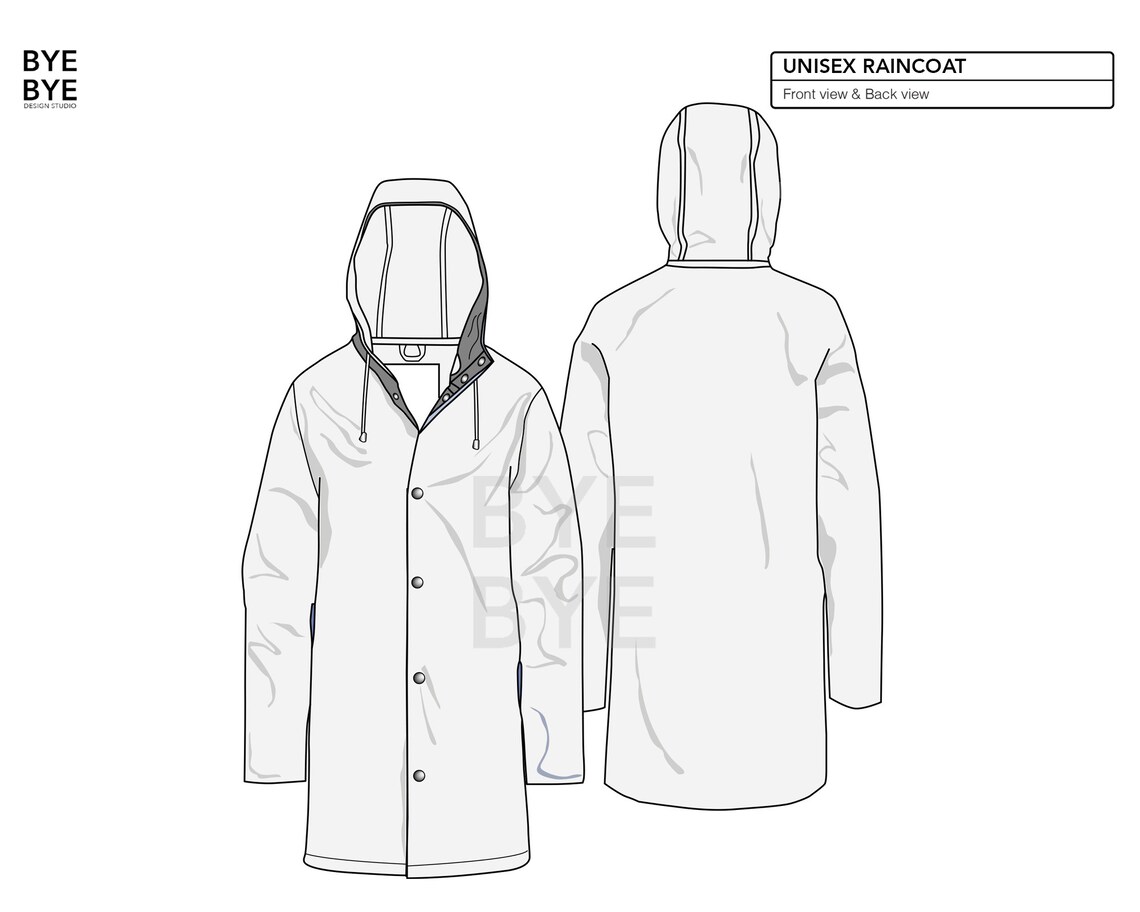 Vector Fashion Flat Sketch for UNISEX RAINCOAT - Technical CAD Drawing ...