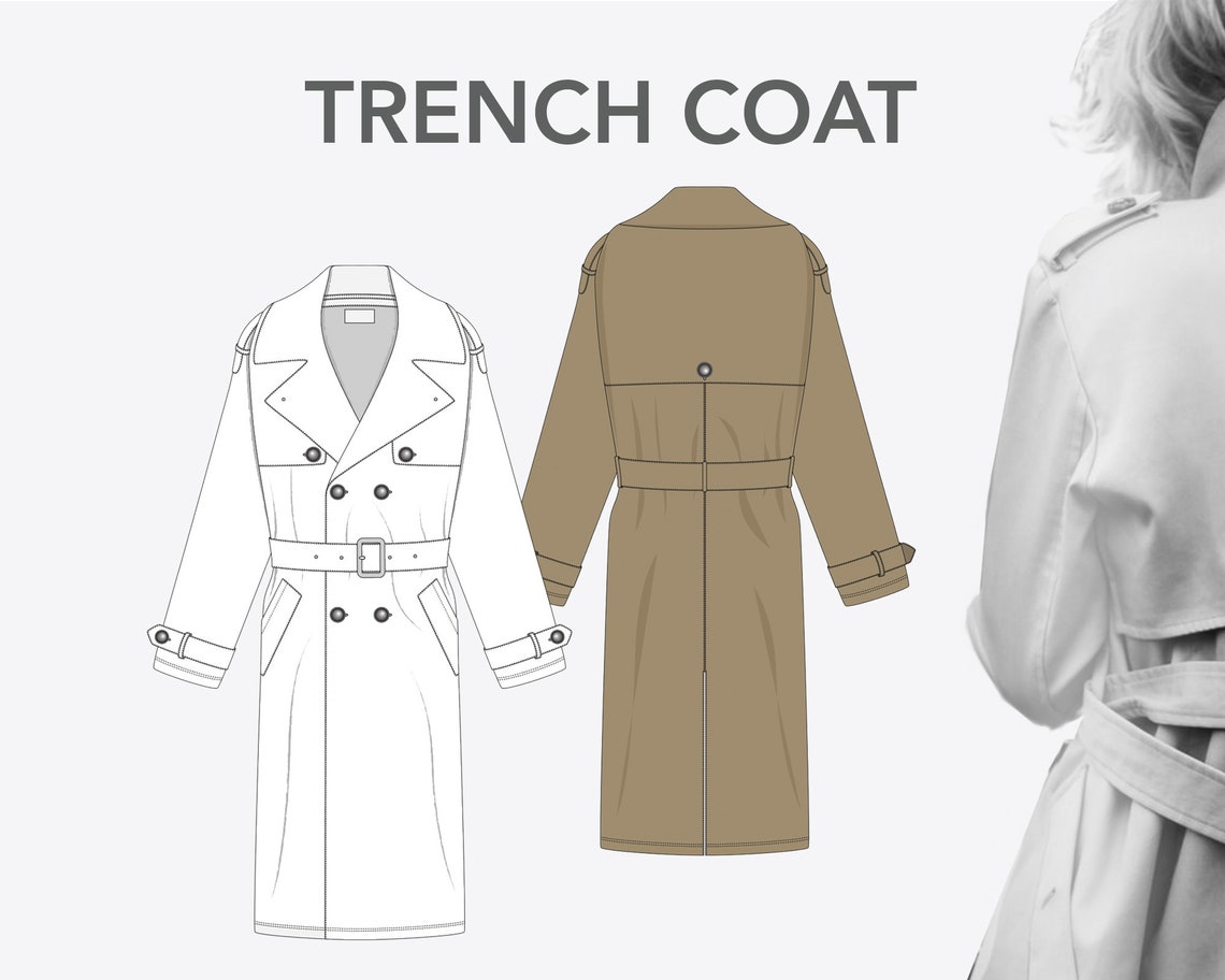 TRENCH COAT- Fashion Design Flat Sketches to Download - Technical CAD ...
