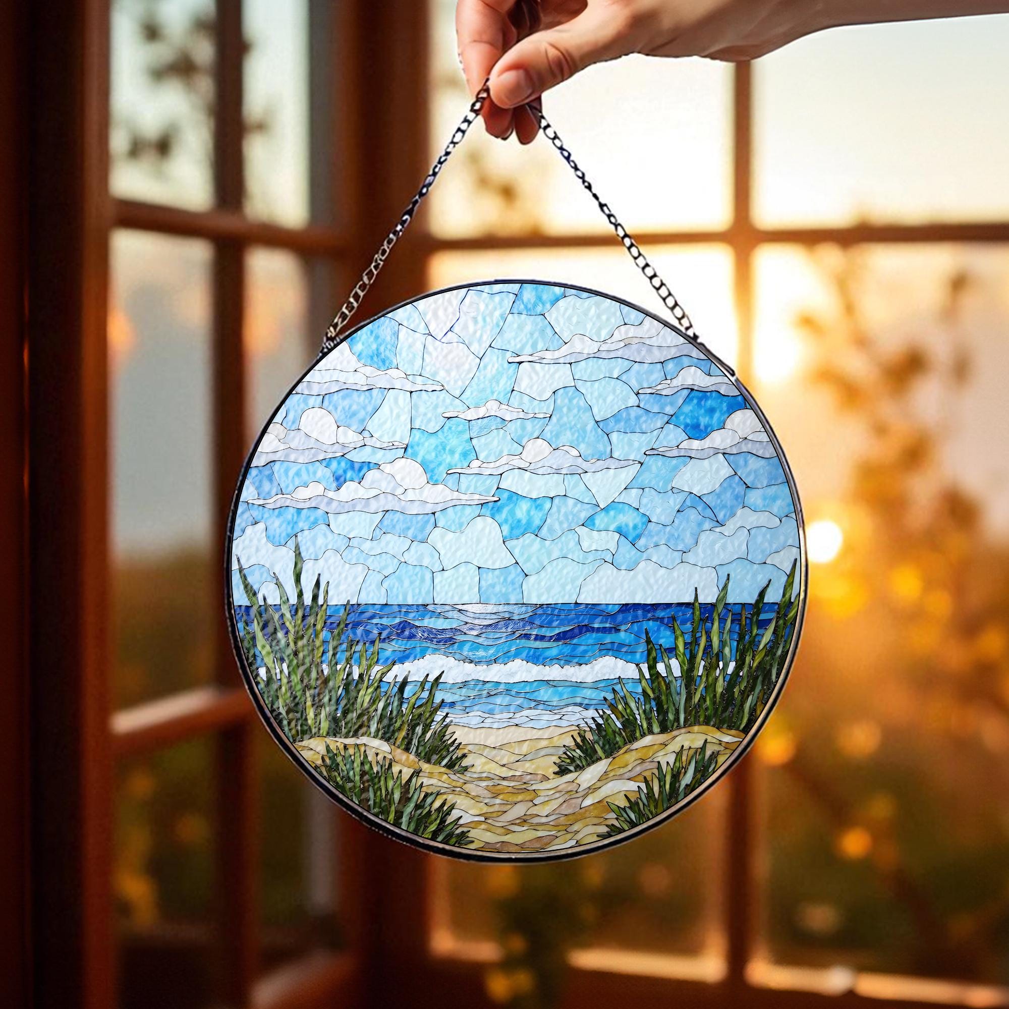 Coastal Path Ocean View Round Suncatcher, Beach Stained Glass Window ...