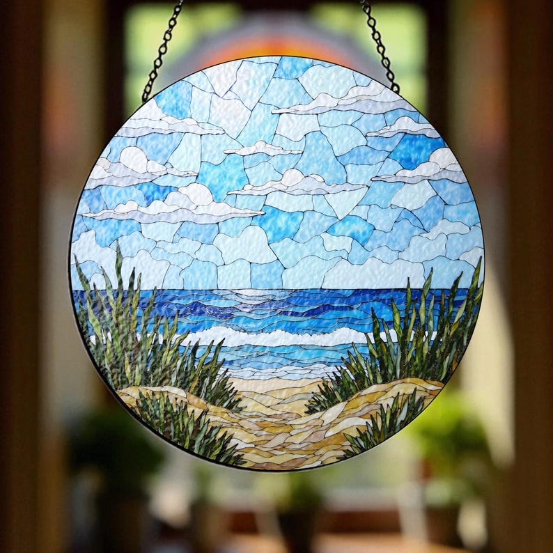 Coastal Path Ocean View Round Suncatcher, Beach Stained Glass Window ...