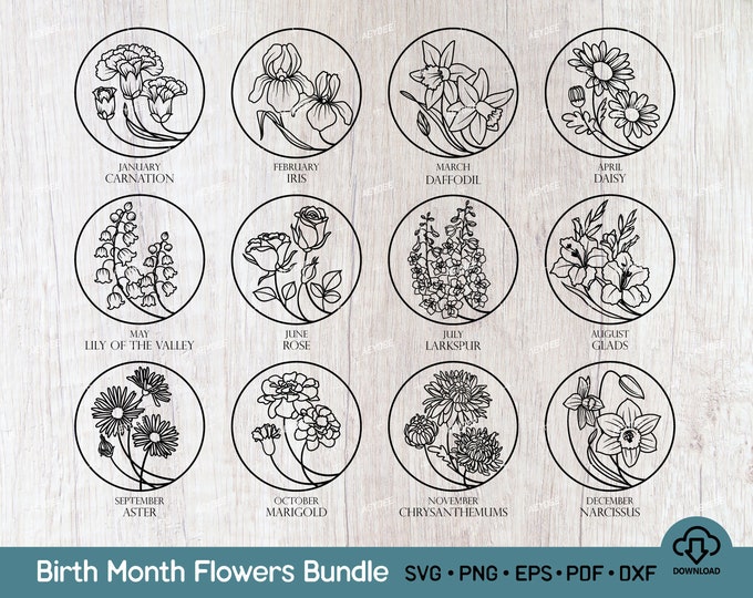 Geboortemaand bloemen bundel SVG PNG, bloemenkrans Svg bundel, Hand ...