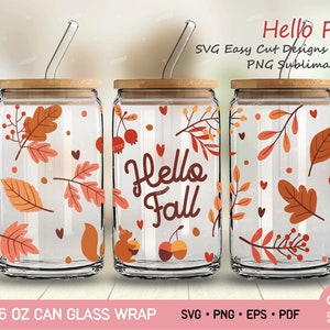 Hello Fall Full Wrap SVG PNG for Libbey Glass Can 16oz, Fall Leaves ...