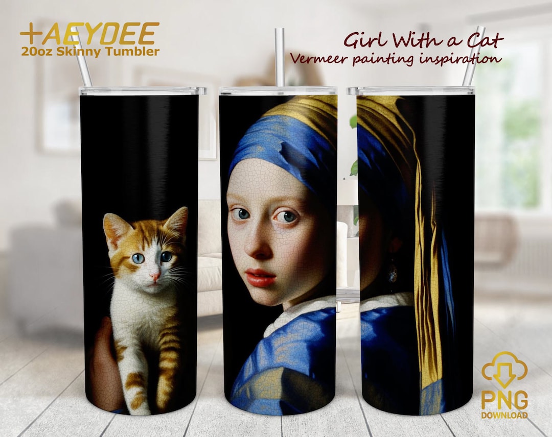 Girl With a Cat Inspired by Johannes Vermeer 20oz Skinny Tumbler Wrap ...