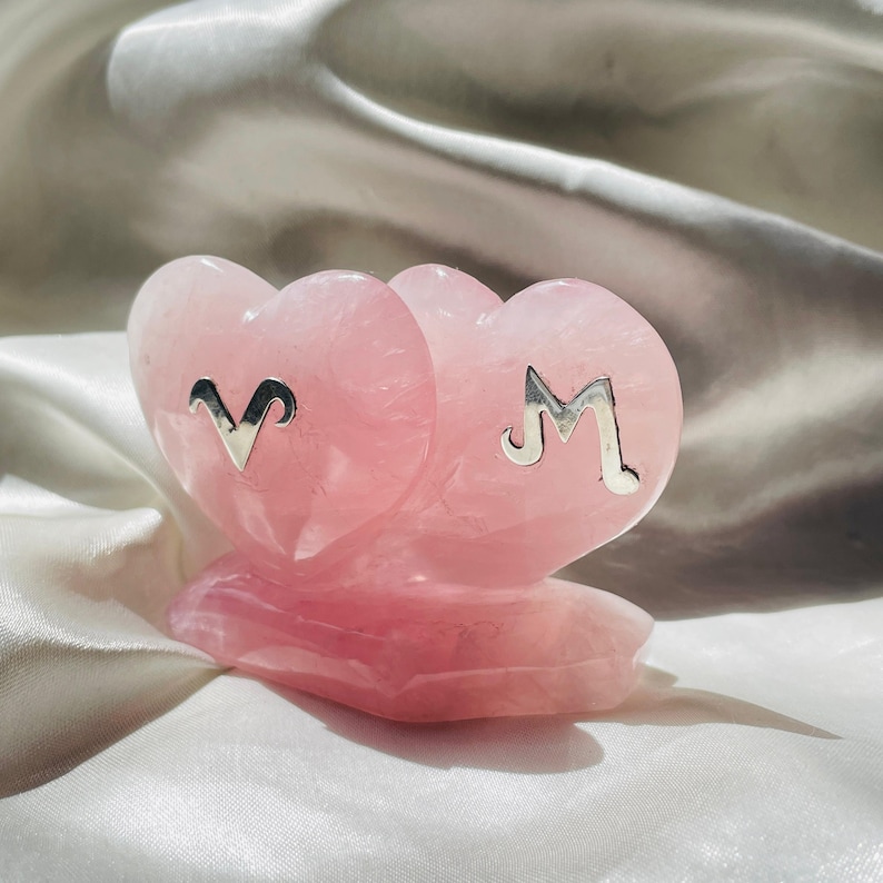 Rose Quartz Twin Hearts | Custom Silver Letter Anniversary Gift | Love ...