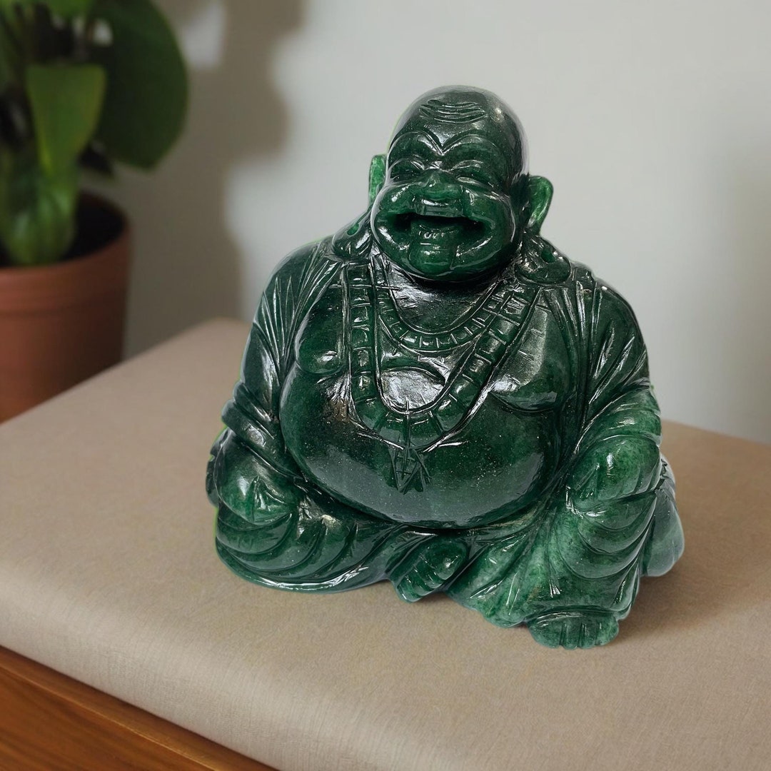 Jade Stone Laughing Buddha Statue, 4.75" Green Jade Aventurine Laughing ...