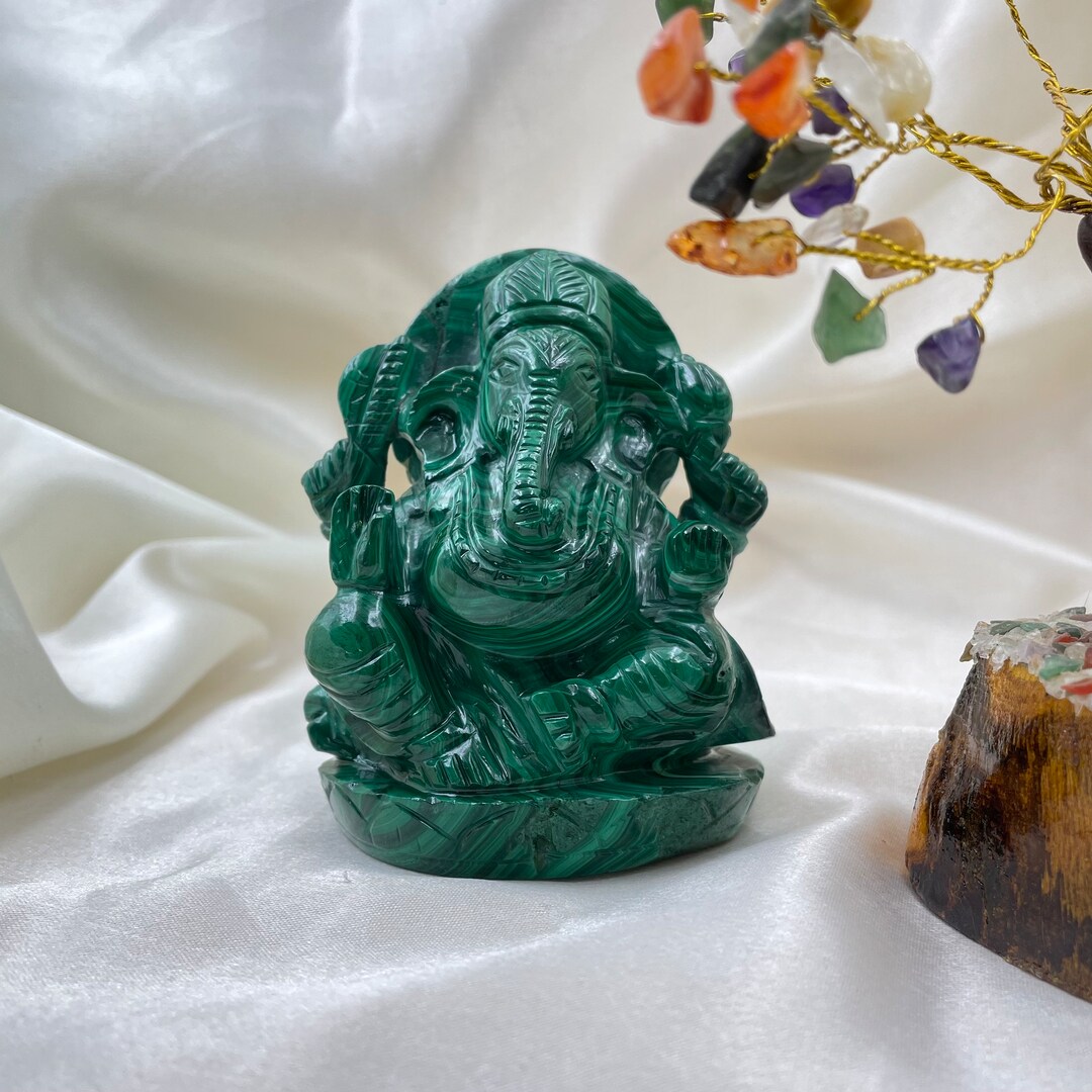 Malachite Ganesha Statue Hand Carved 3.5" Lord Ganesha Figurine for ...