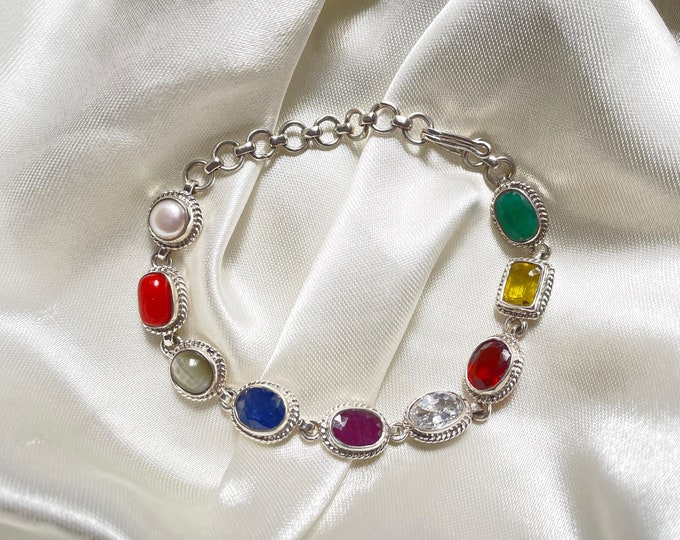 Navaratna 9-chakra Sterling Silver Gemstone Bracelet, 9 Planetary ...