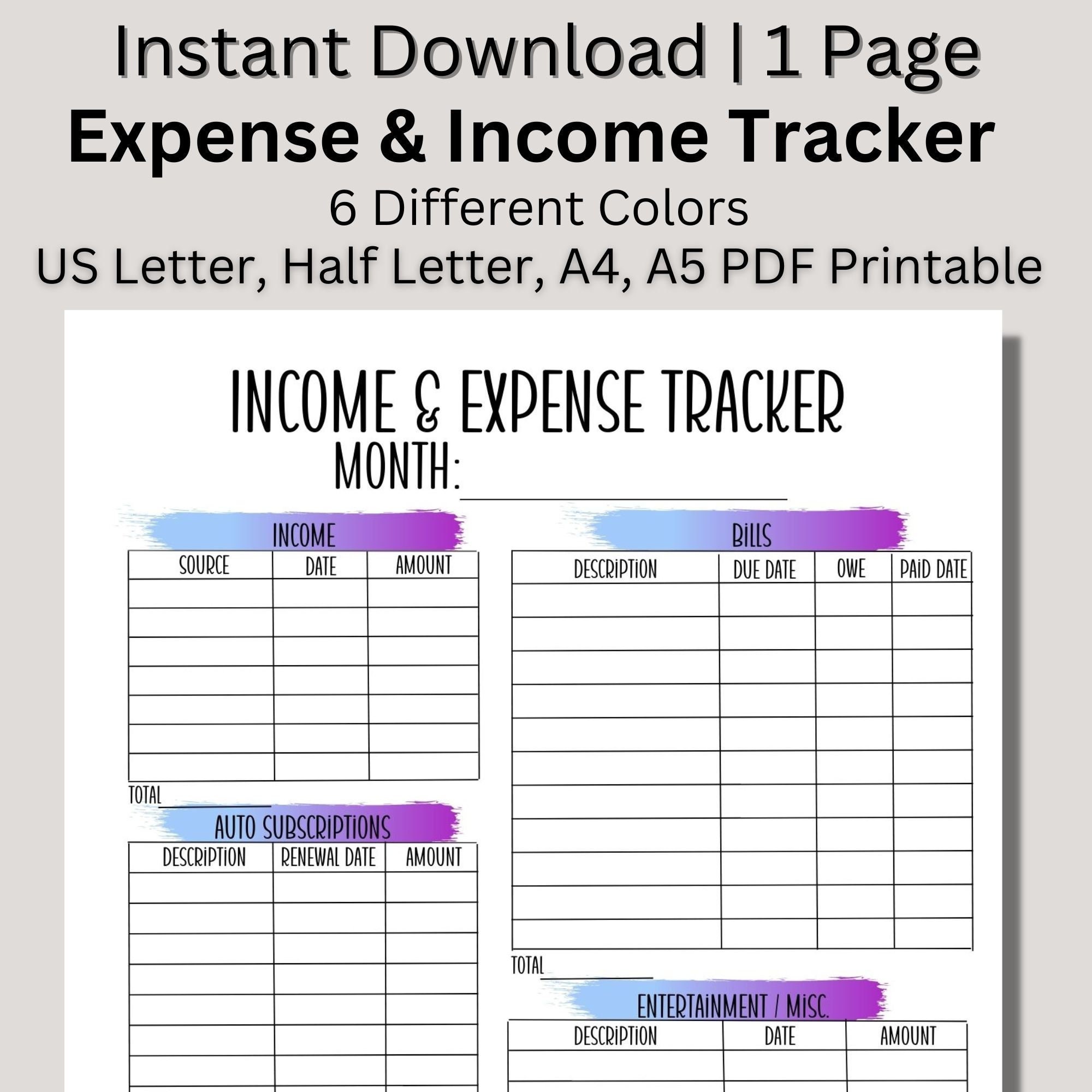 Income & Expense Tracker Printable, Instant Download Expense Tracker ...