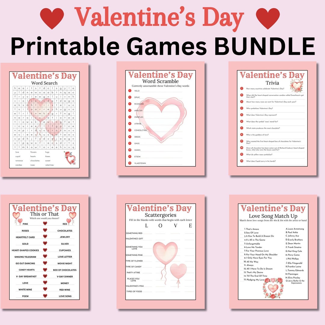Valentines Day Printable Game Sheets BUNDLE, Valentines Day Party Game ...