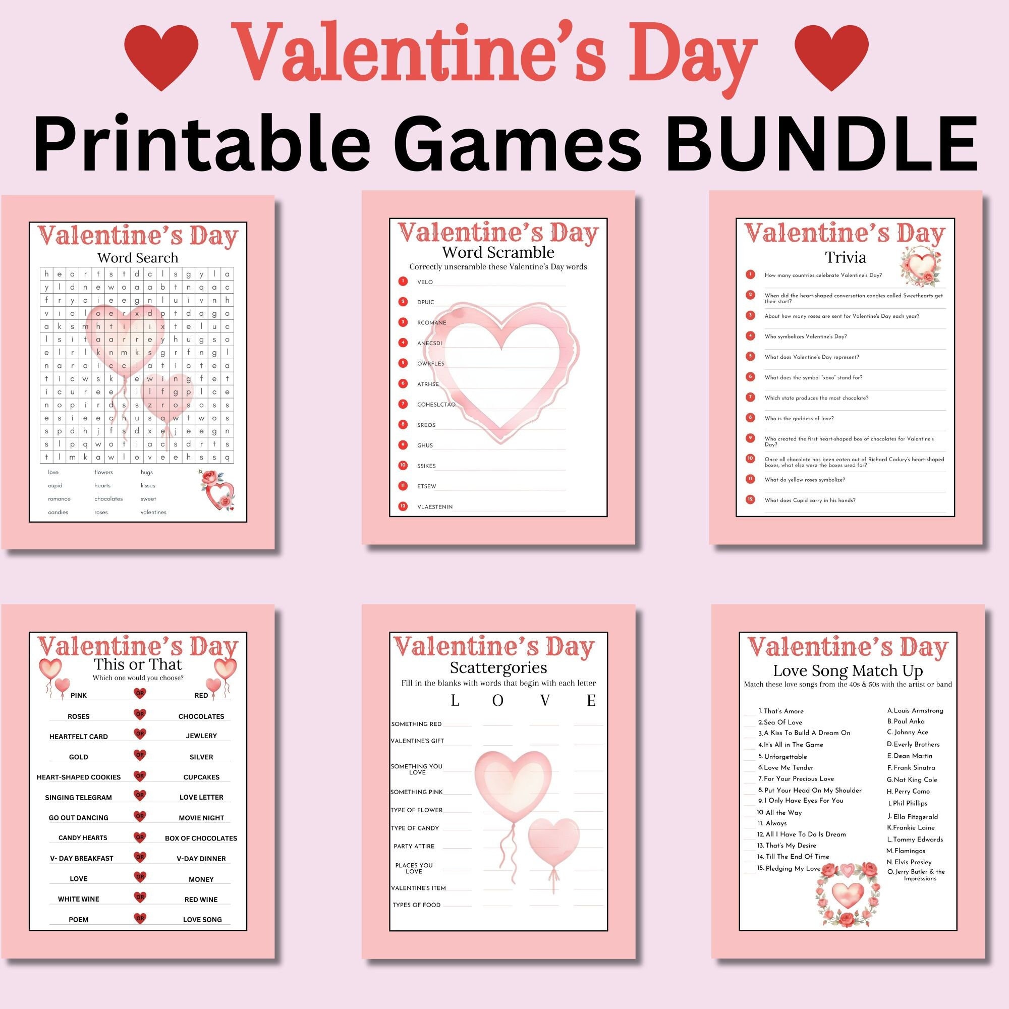 Valentines Day Printable Game Sheets BUNDLE, Valentines Day Party Game ...