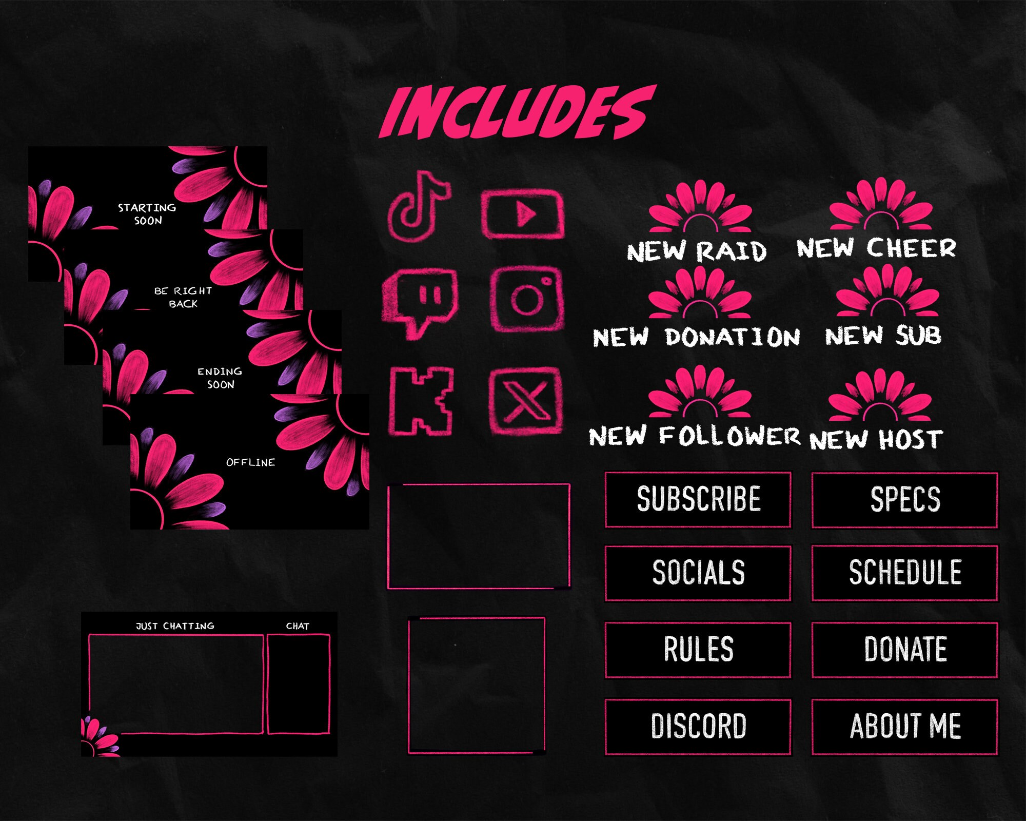 Twitch Pink Flower Overlay Pack, Animated Hand-drawn Stream Overlay ...