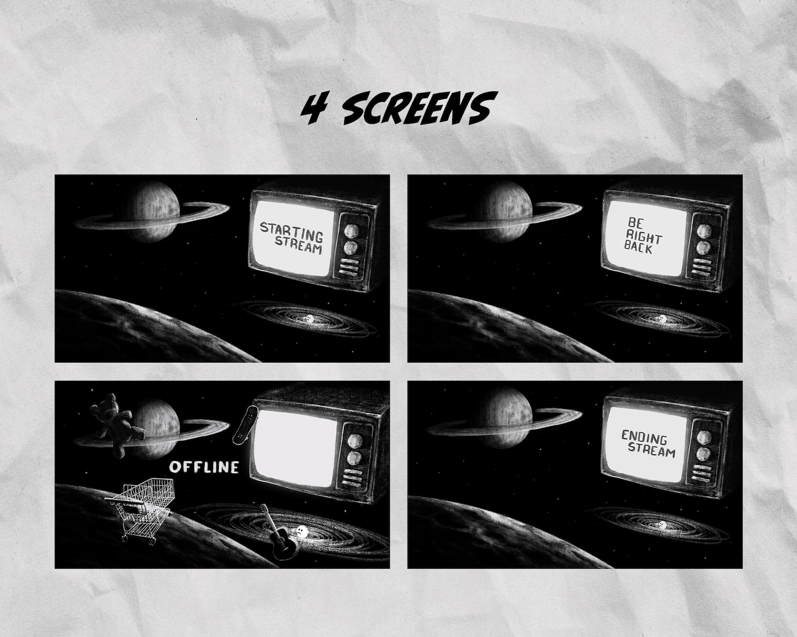 Space Television Animated Twitch Overlay Pack, Black and White, Loop ...