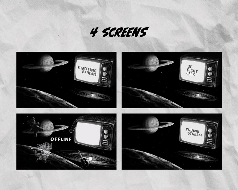 Space Television Animated Twitch Overlay Pack, Black and White, Loop ...