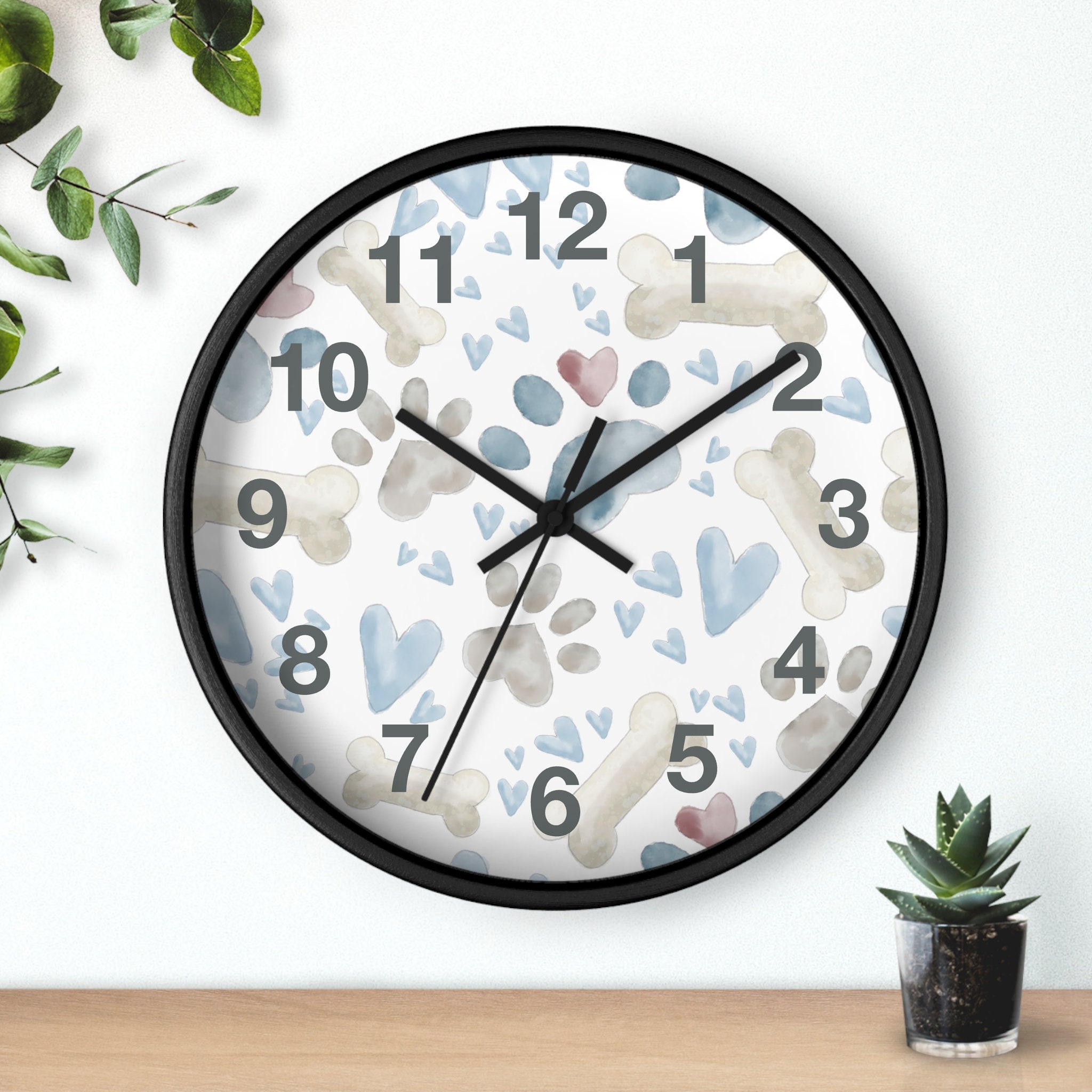 Dog Bone Paw Print Wood Frame Wall Clock 10 Inch, Home Office Decor ...