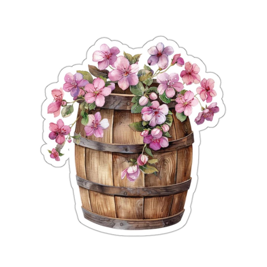 Pink Potted Plant Barrel Stickers, Kiss Cut Decal, for Cards, Envelopes ...