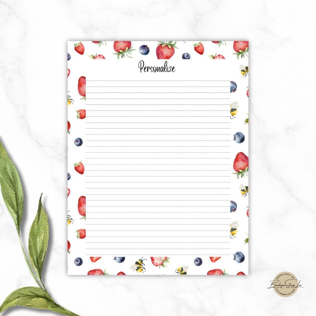 Strawberry Stationery, Lined Letter Writing Paper Personalized 8 1/2 X ...