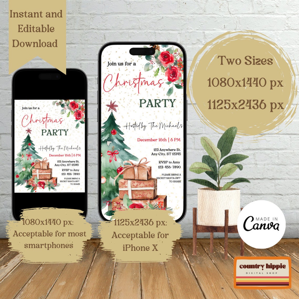 Editable Christmas Party Invitation Template: Canva Floral Invite ...