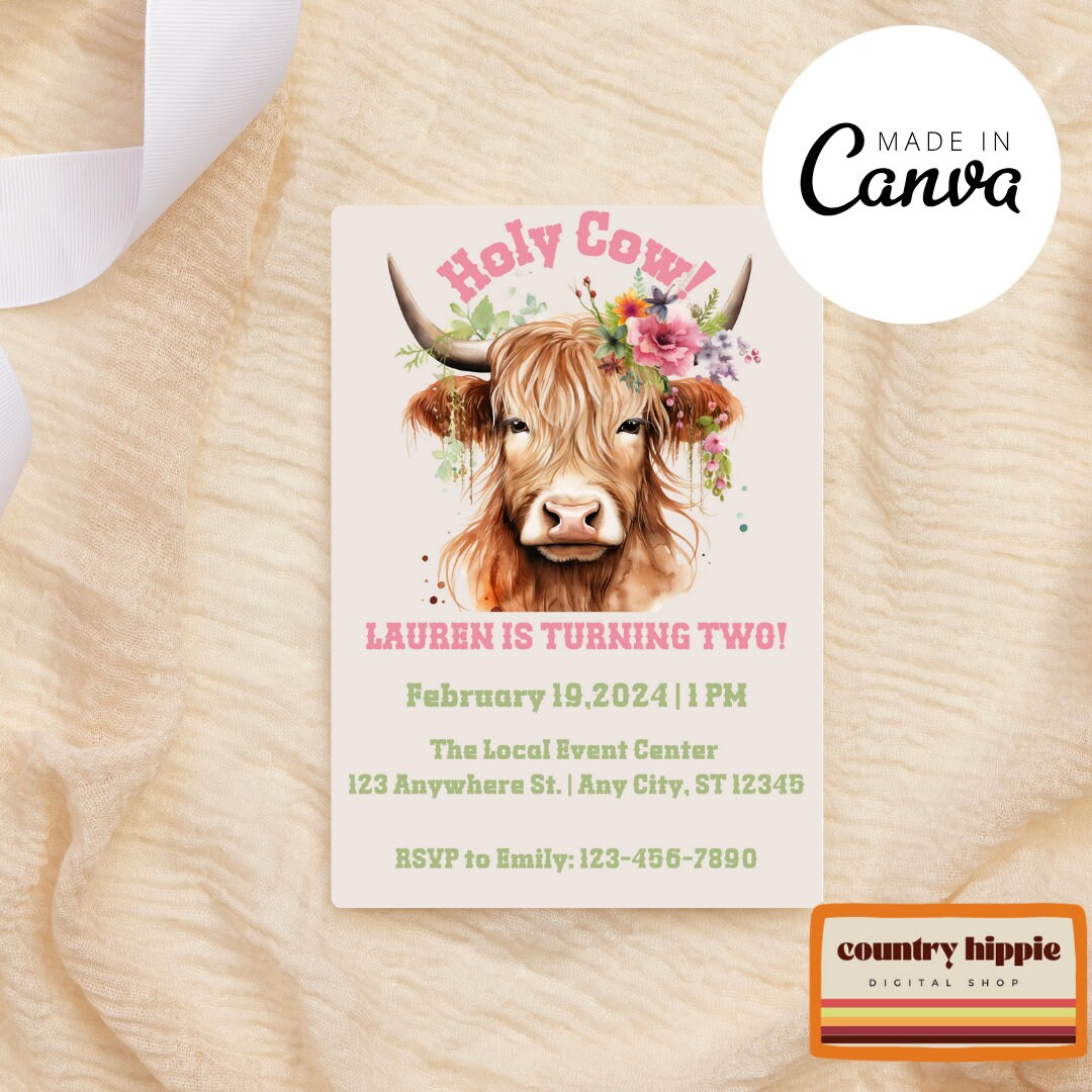 Highland Cow Birthday Invitation, Cow Birthday Invite, Simple and ...