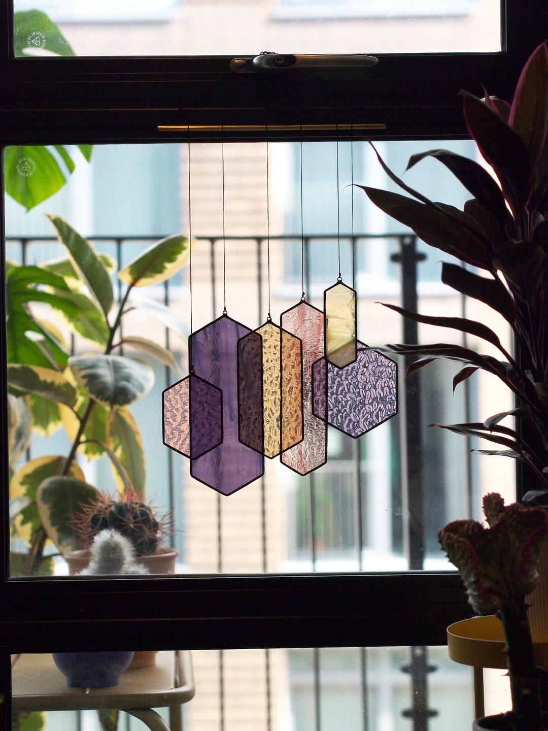Geometric Shapes Stained Glass Sun Catcher / Mobile in Pink, Purple and ...
