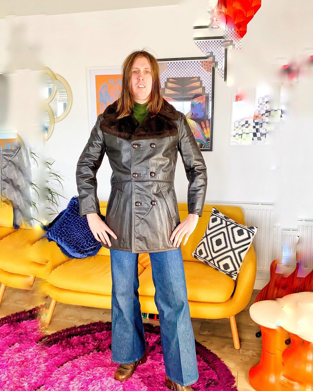1960s 1970s Vintage Dark Brown Large Faux Fur Collar Leather Coat Small ...