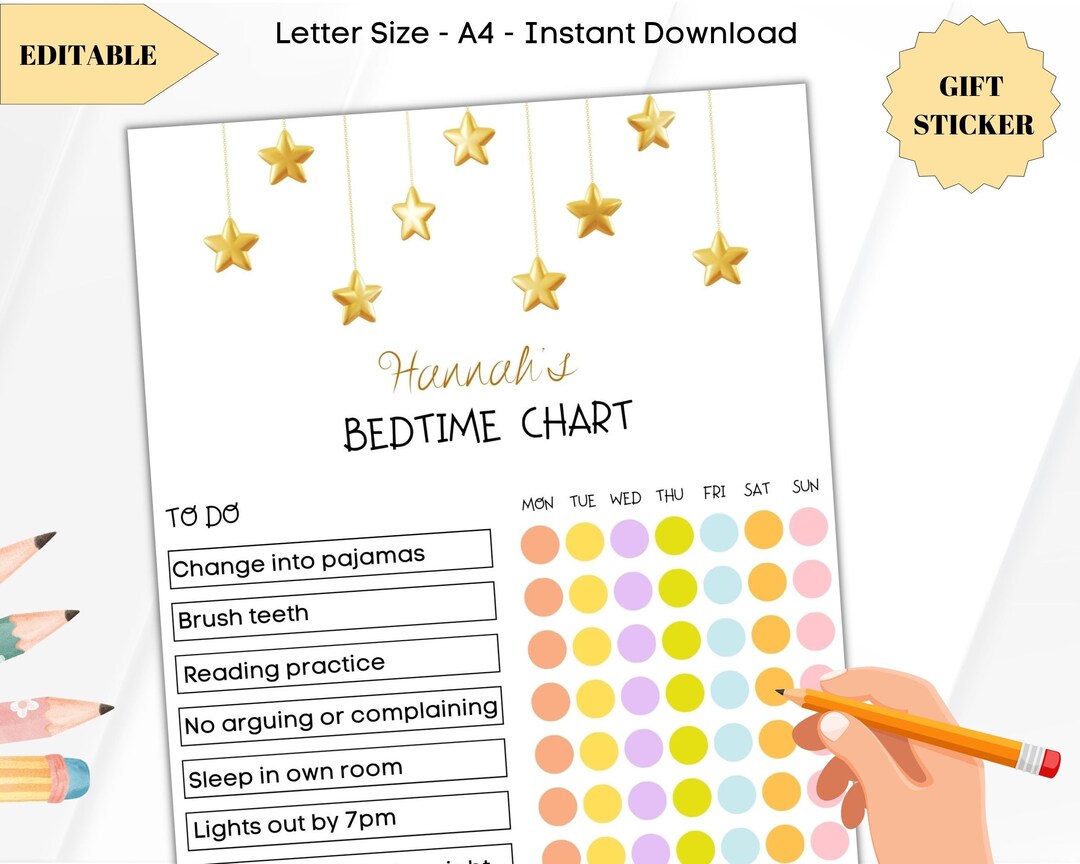 Editable Kids Bedtime Chart Printable Kids Bedtime Chart - Etsy Canada