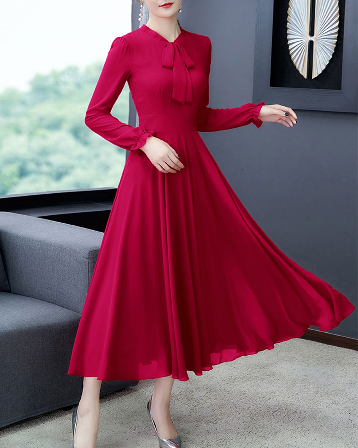Long Sleeve Dress Women's Midi Dress Chiffon A-line - Etsy