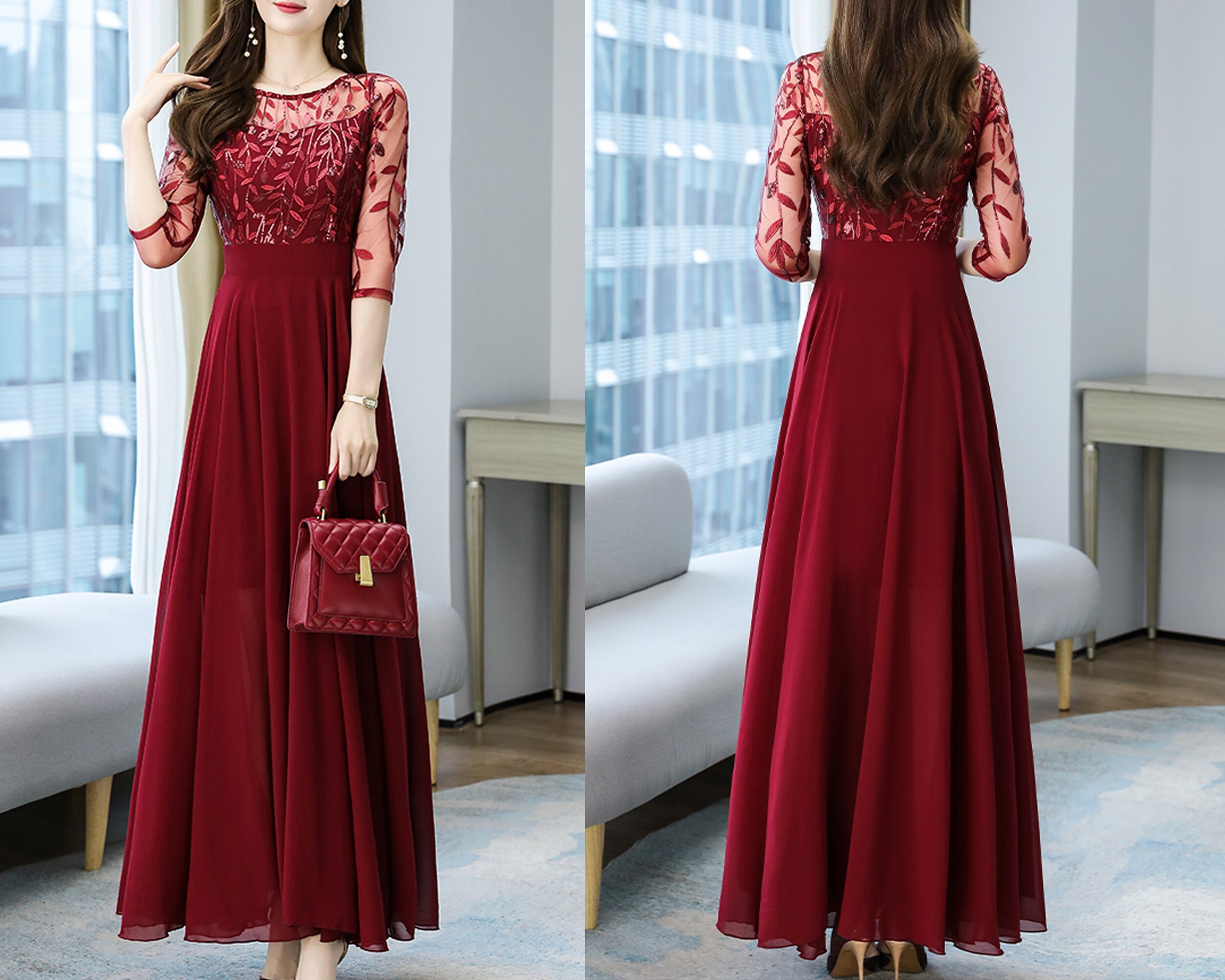 Women's Lace and Chiffon Dress Maxi Dress Short Sleeve - Etsy