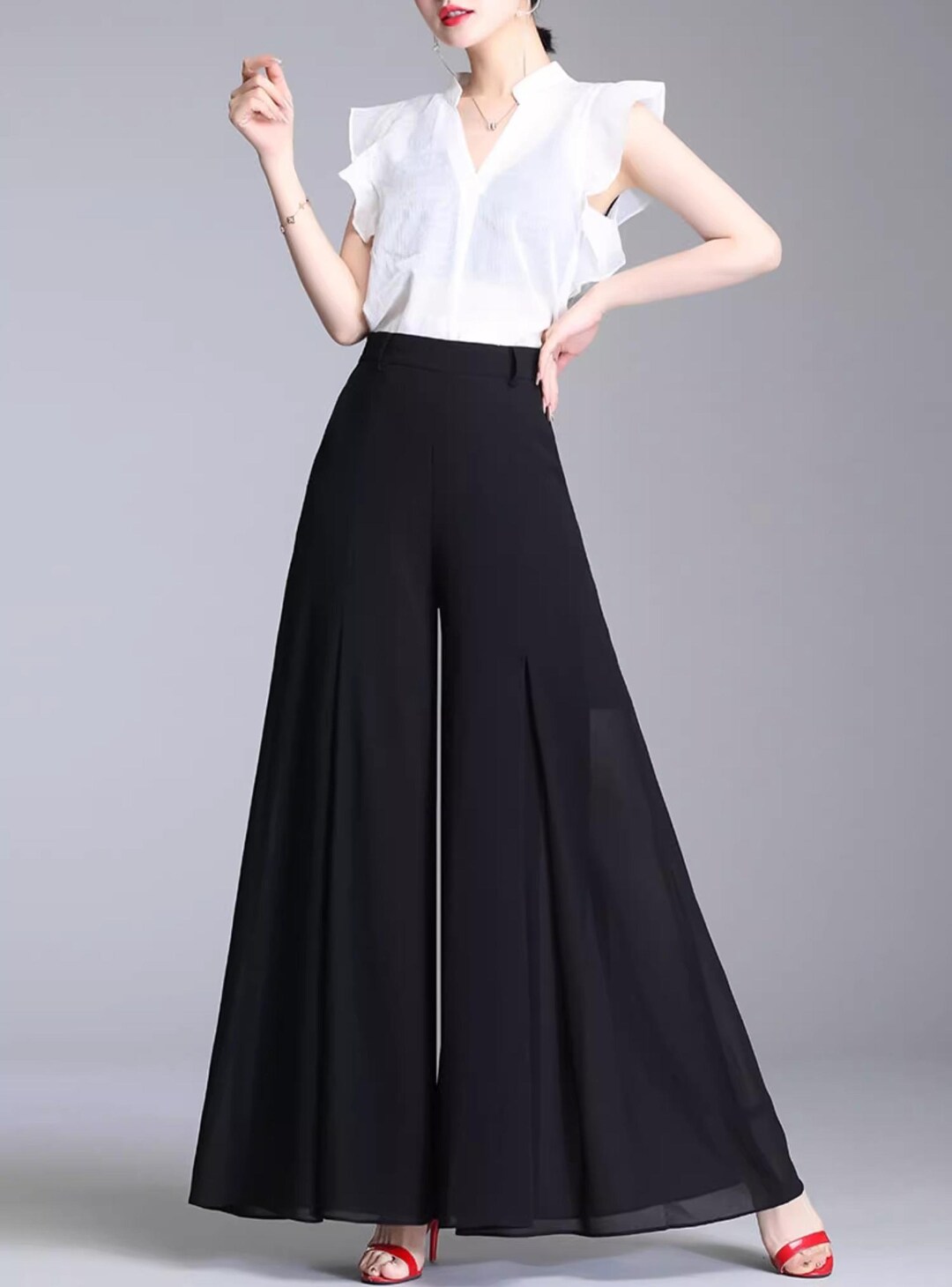Women's Chiffon Skirt Pants, Wide Leg Pants, Black Skirt Pants, High ...