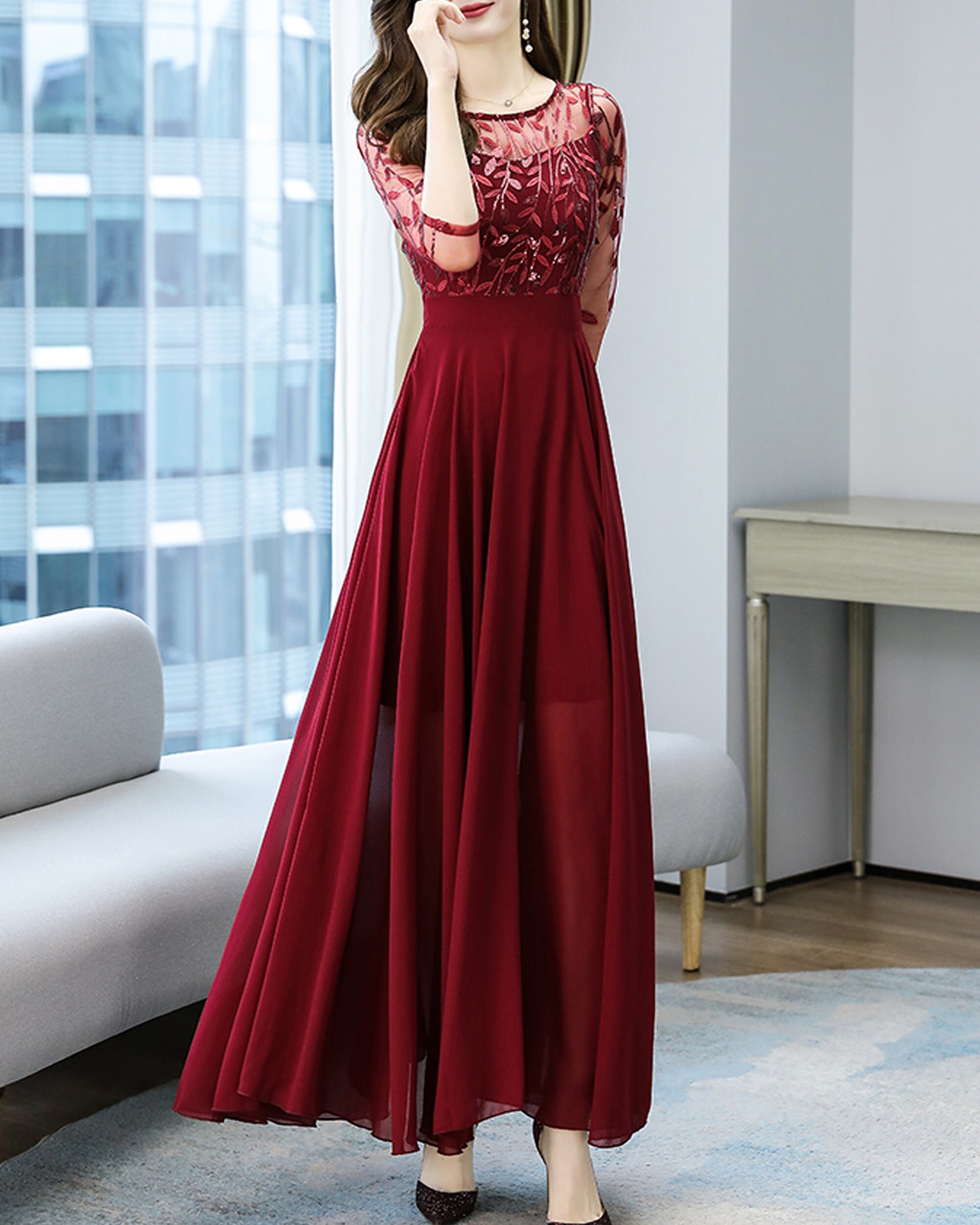 Women's Lace and Chiffon Dress Maxi Dress Short Sleeve - Etsy