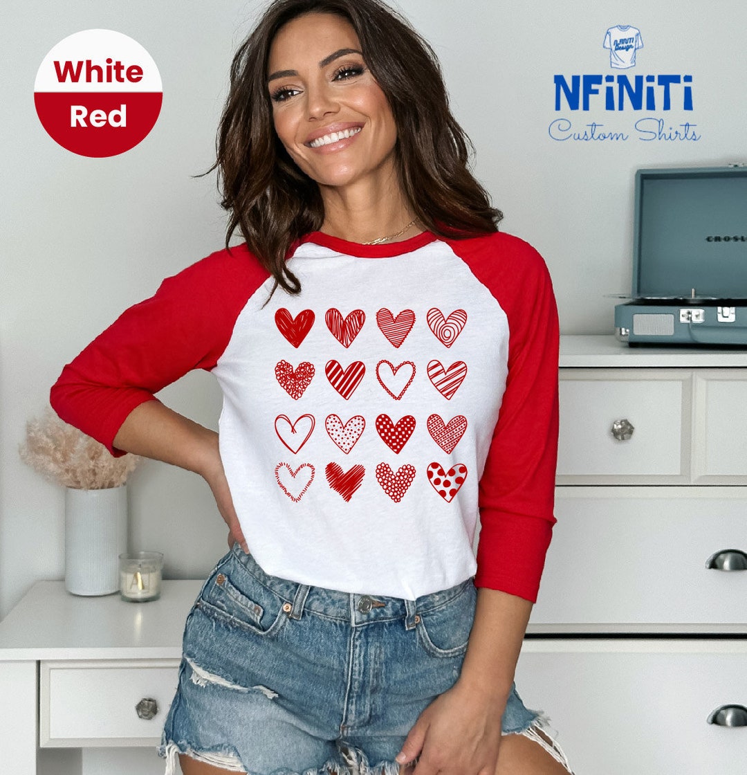 Cute Hearts Raglan Baseball 3/4 Shirt, Hearts Raglan Sleeve, Valentines ...