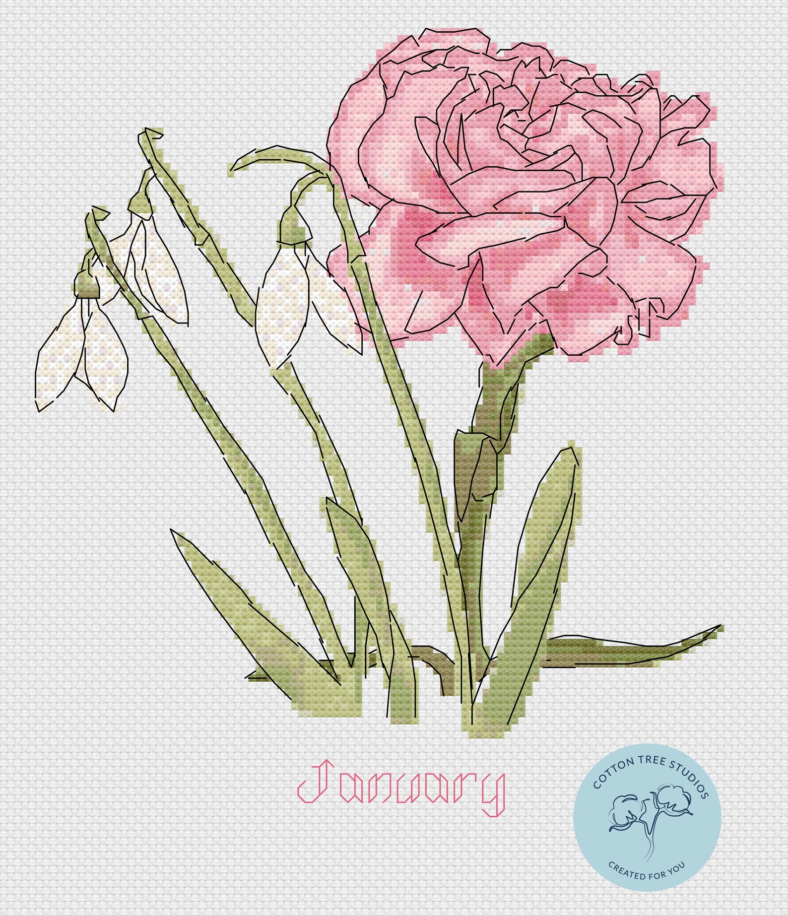 January Birth Flowers Cross Stitch Pattern - Snowdrop and Carnation - Etsy