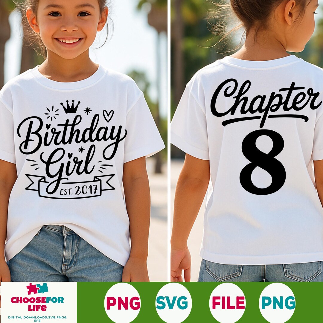8th Birthday Girl SVG PNG Chapter 8 Shirt Design Est. 2017, Eight Years ...