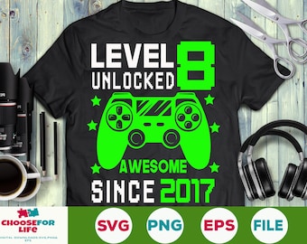 8th Birthday Boy Level 8 Gamer Png, 8 Year Video Game Party T-shirt Png ...