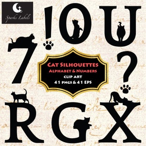 Cat Silhouette Alphabets and Numbers, Clip Art, Digital Overlays, PNG ...