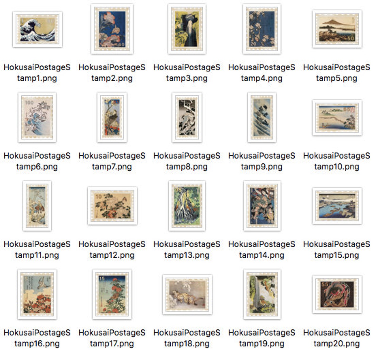 Japanese Postage Stamps Clip Art, Hokusai Woodblock Prints, 20 Elements ...