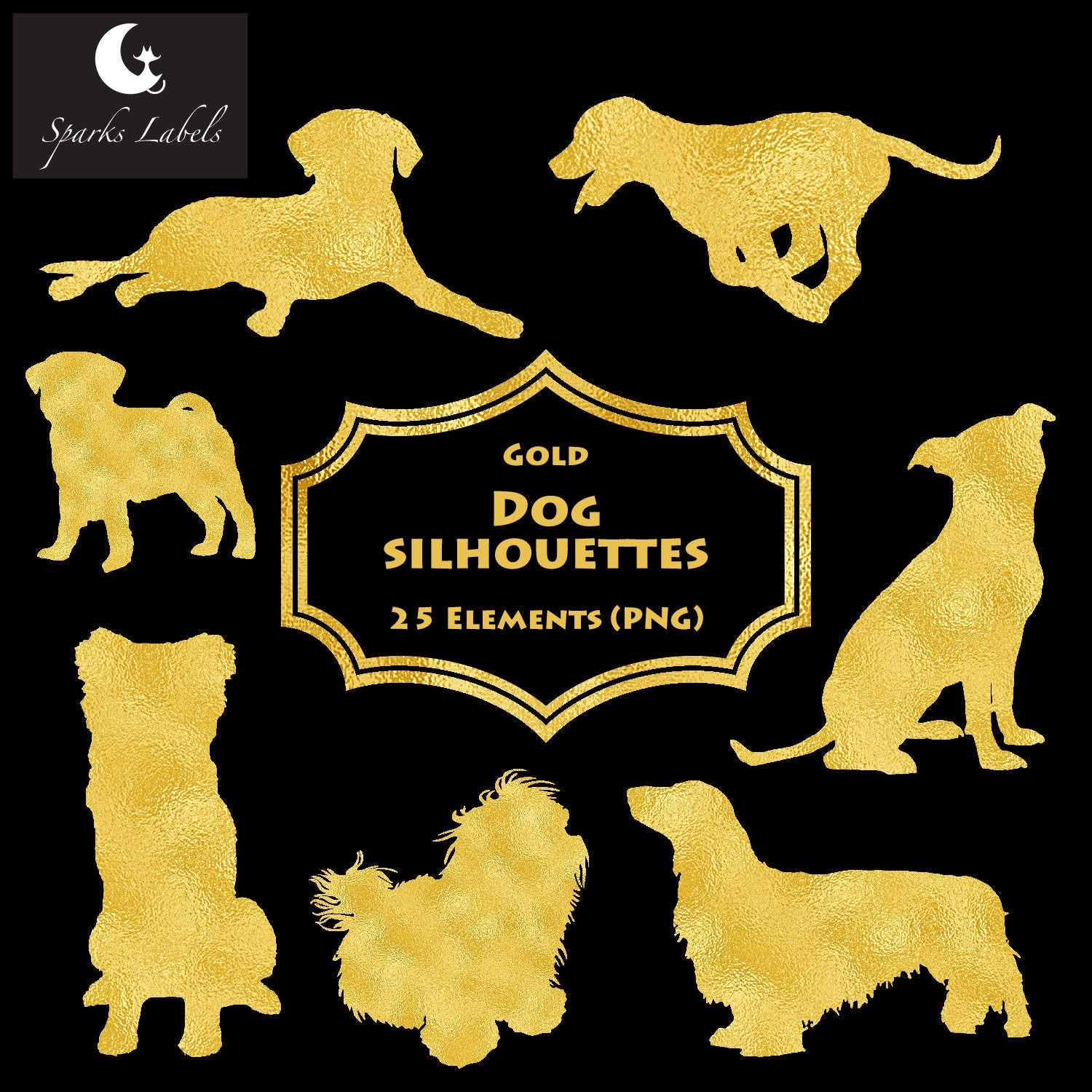 Gold Foil Dog Silhouettes, Clip Art, 25 Elements, Digital Overlays, PNG ...