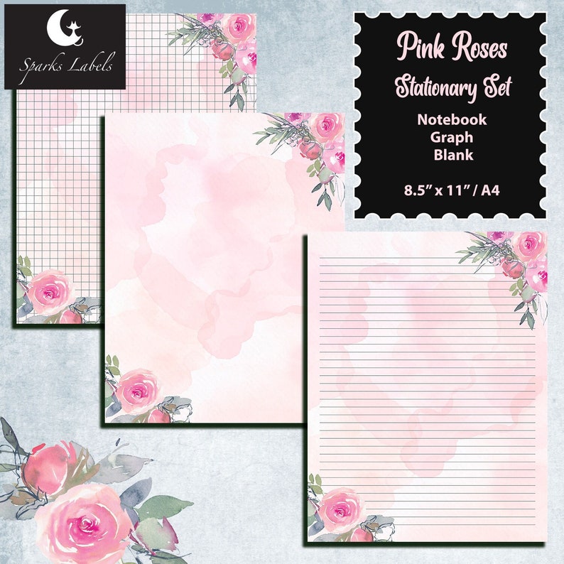 Watercolor Pink Roses Stationary, Graph, Notebook, Blank Papers ...