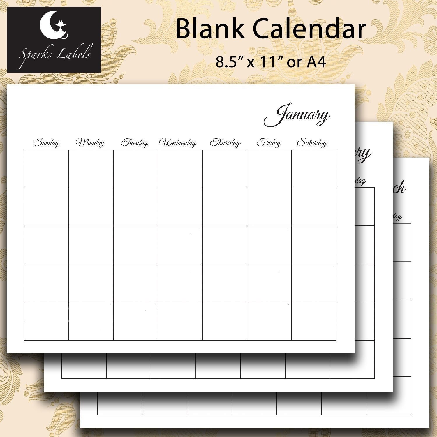 Blank Monthly Calendar, Printable, Minimalist, Simple, Horizontal, US ...
