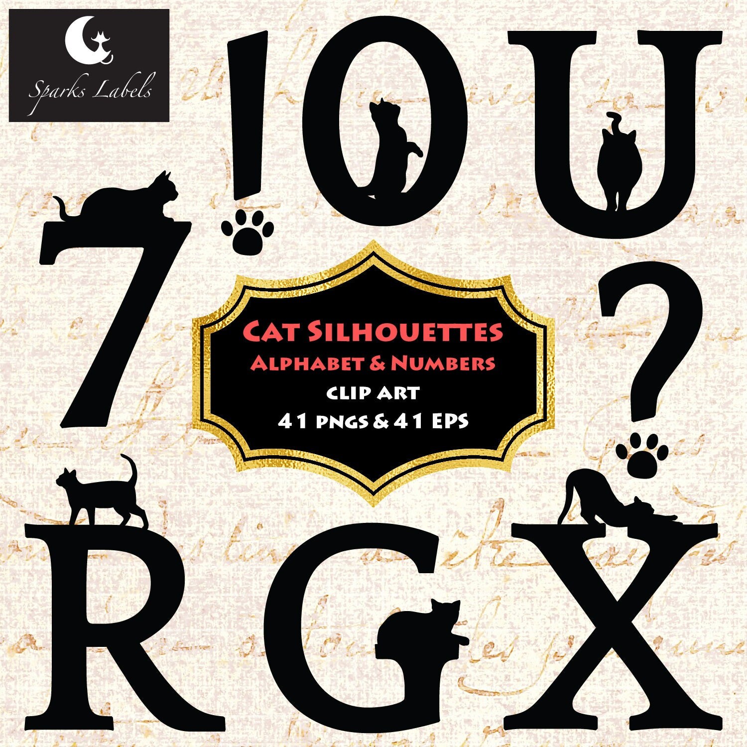 Cat Silhouette Alphabets and Numbers, Clip Art, Digital Overlays, PNG ...