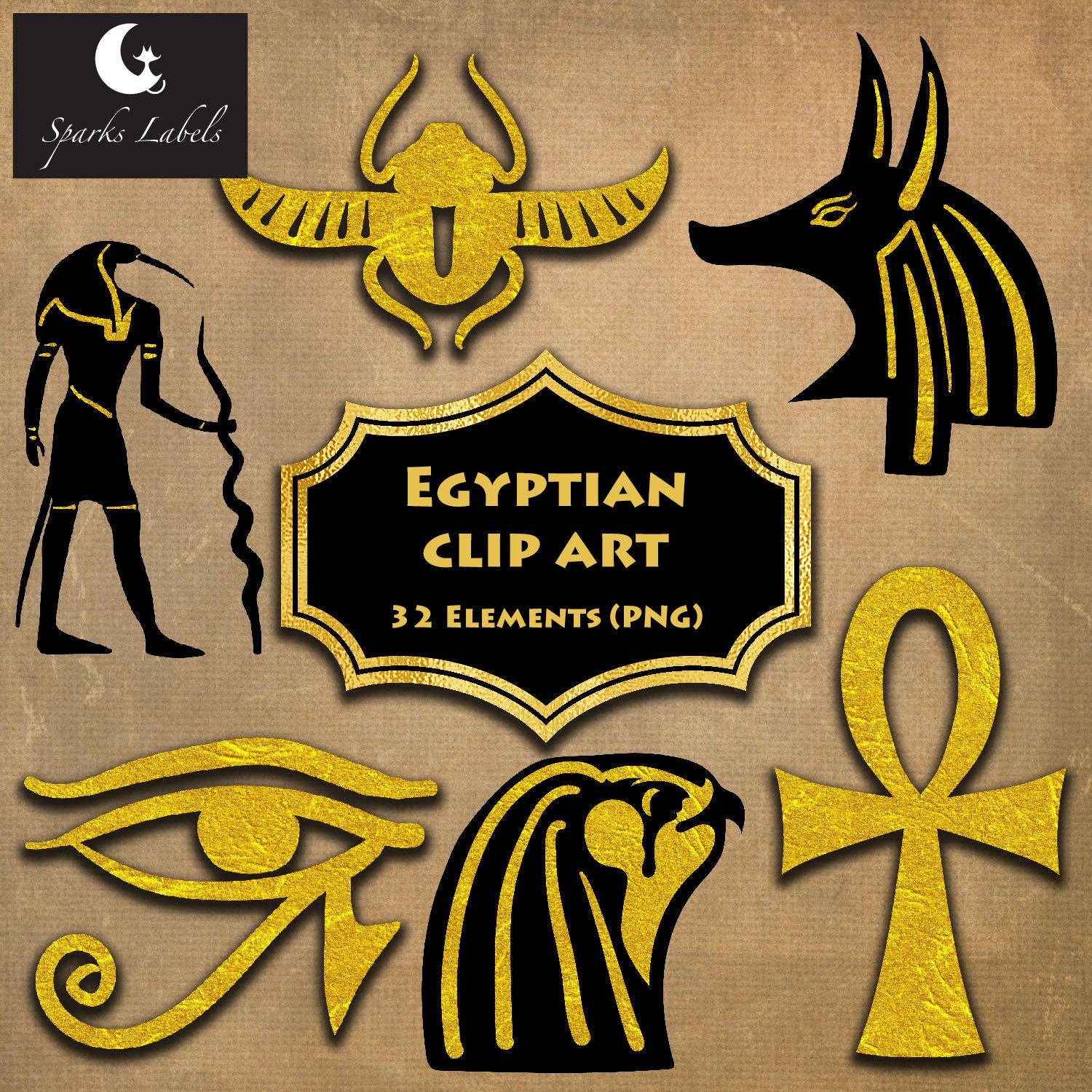 Gold Egyptian Clip Art, 32 Elements, Black and Gold, Digital Overlays ...