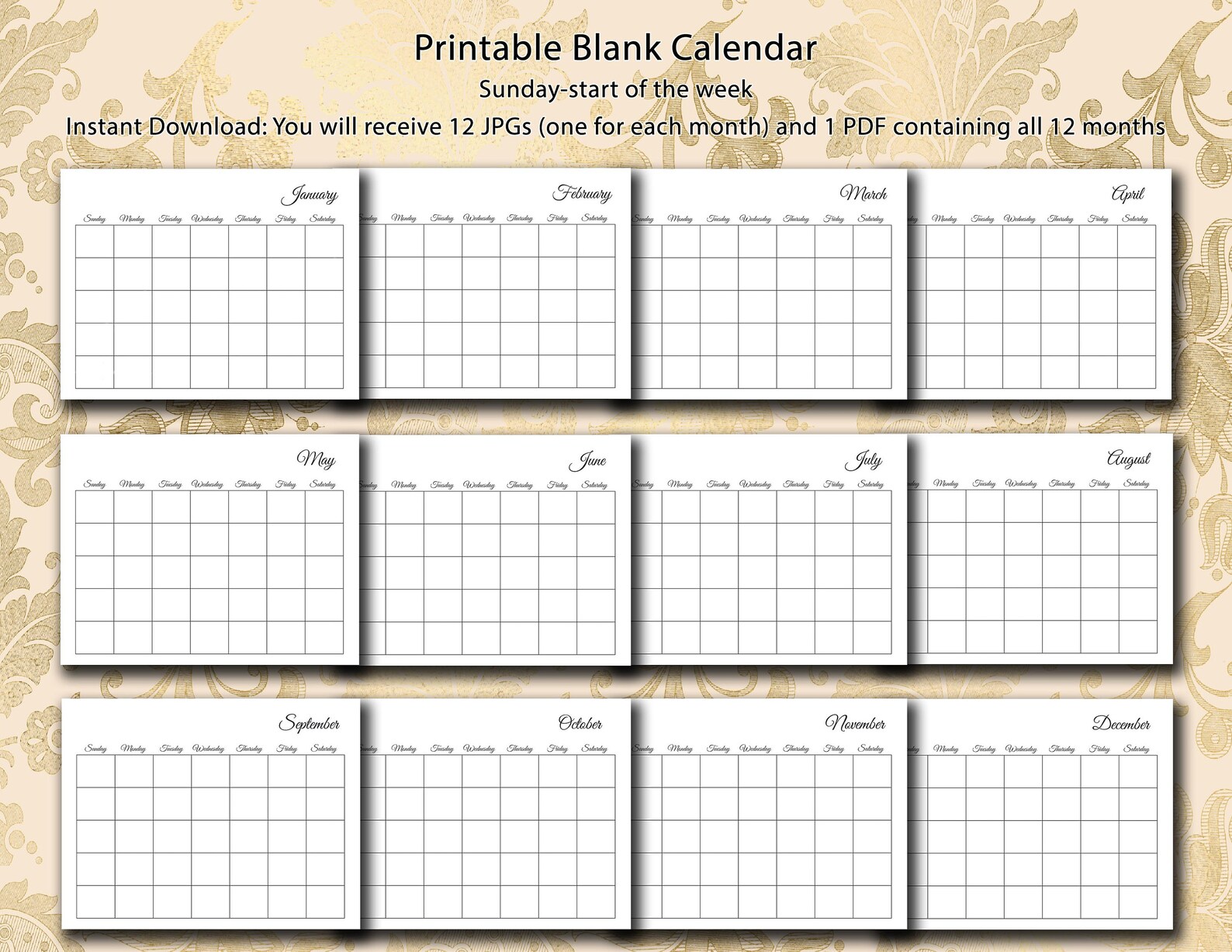 Blank Monthly Calendar, Printable, Minimalist, Simple, Horizontal, US ...