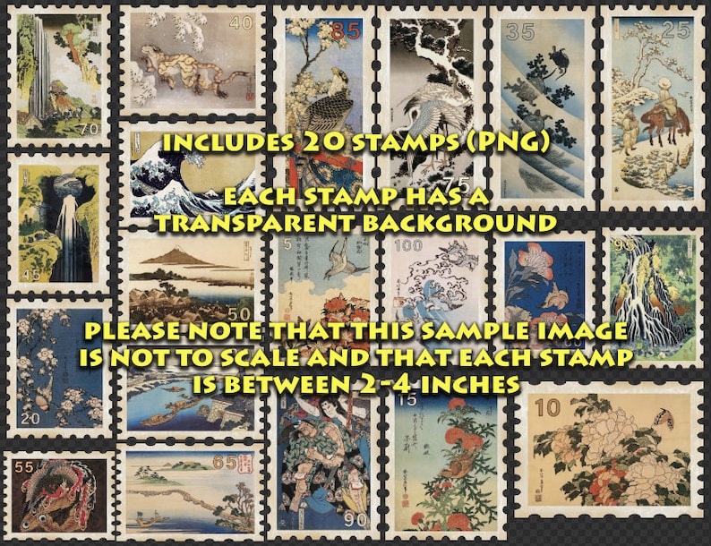 Japanese Postage Stamps Clip Art, Hokusai Woodblock Prints, 20 Elements ...